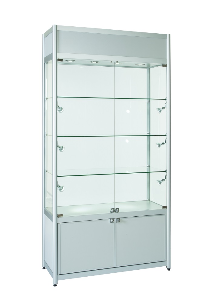 Aluminium Double Door Glass Display Cabinet Storage & Top Section